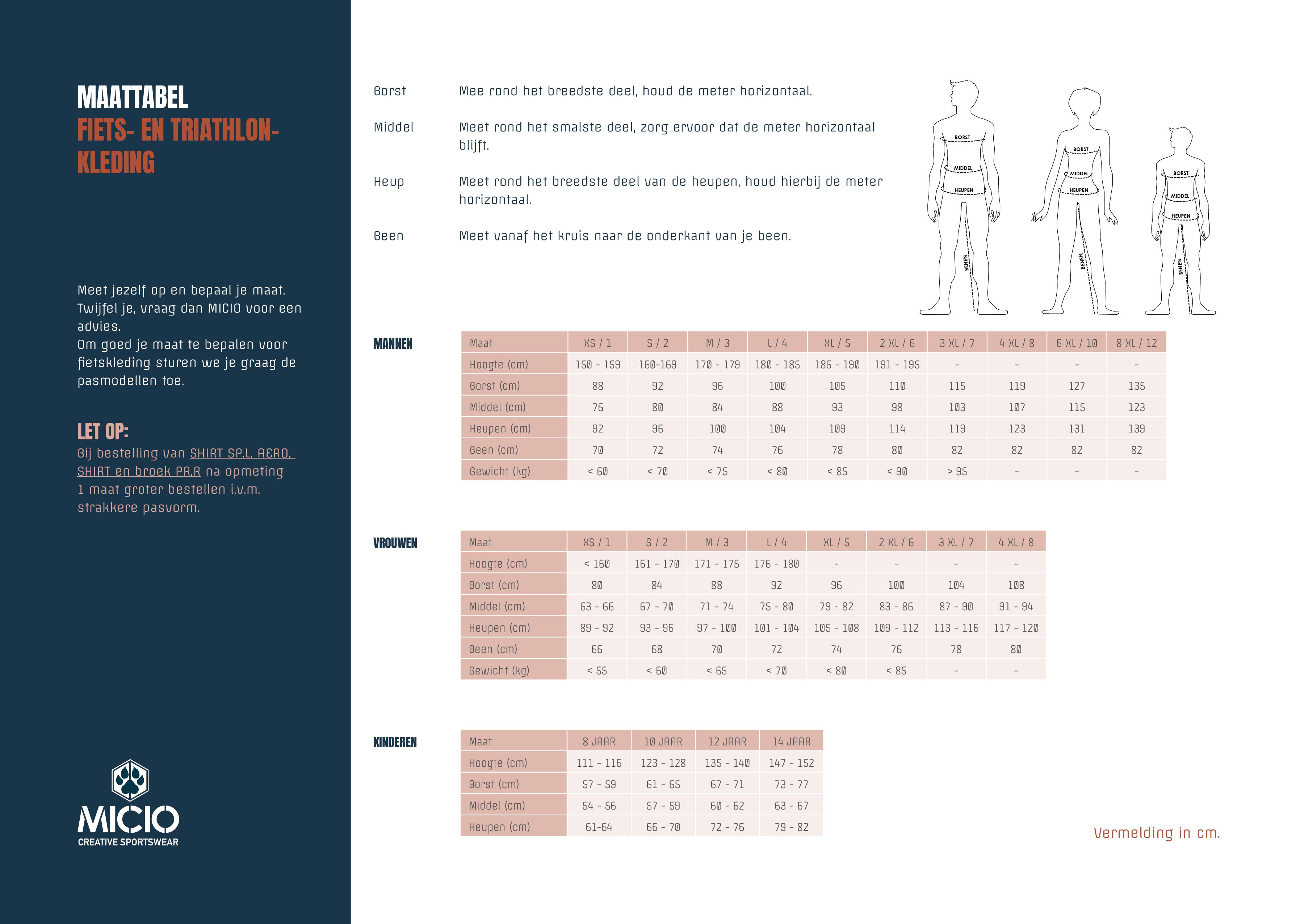 Maattabel - MICIO Creative Sportswear